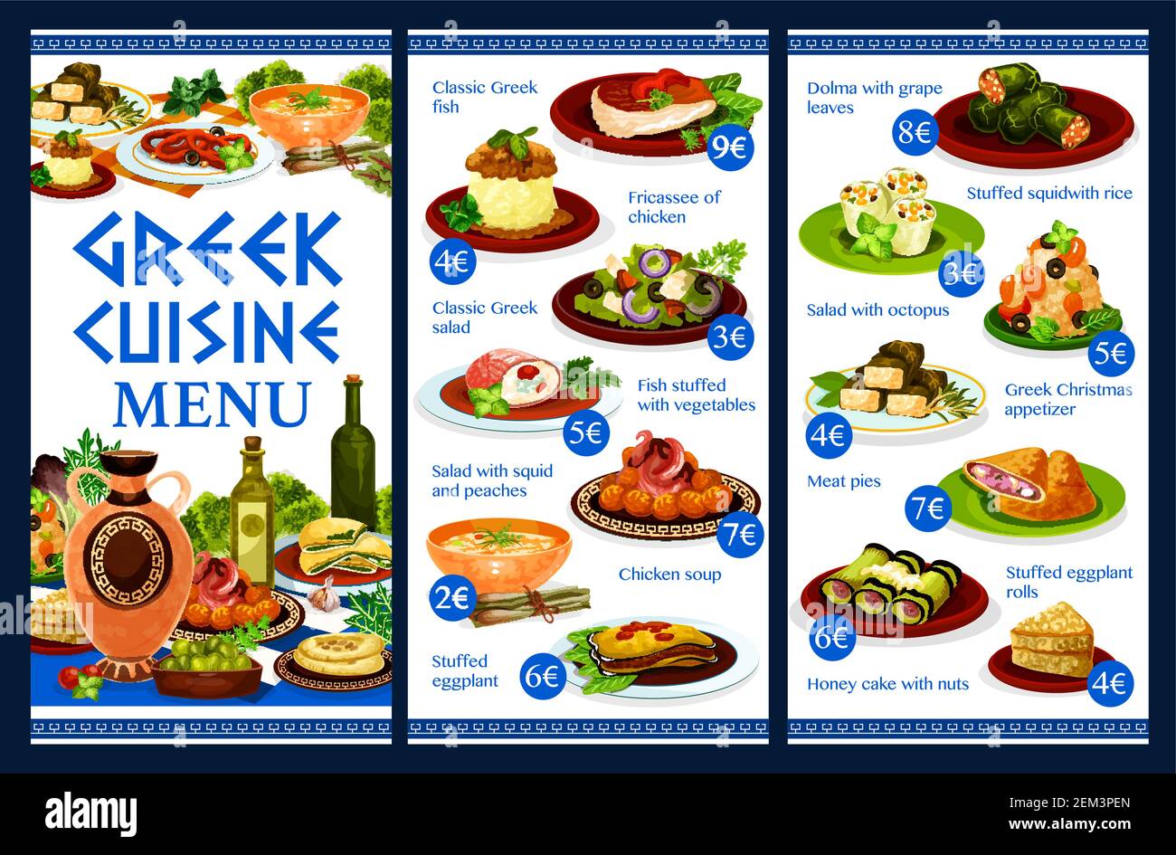 Greek restaurant menu vector template of feta, olive and vegetable ...