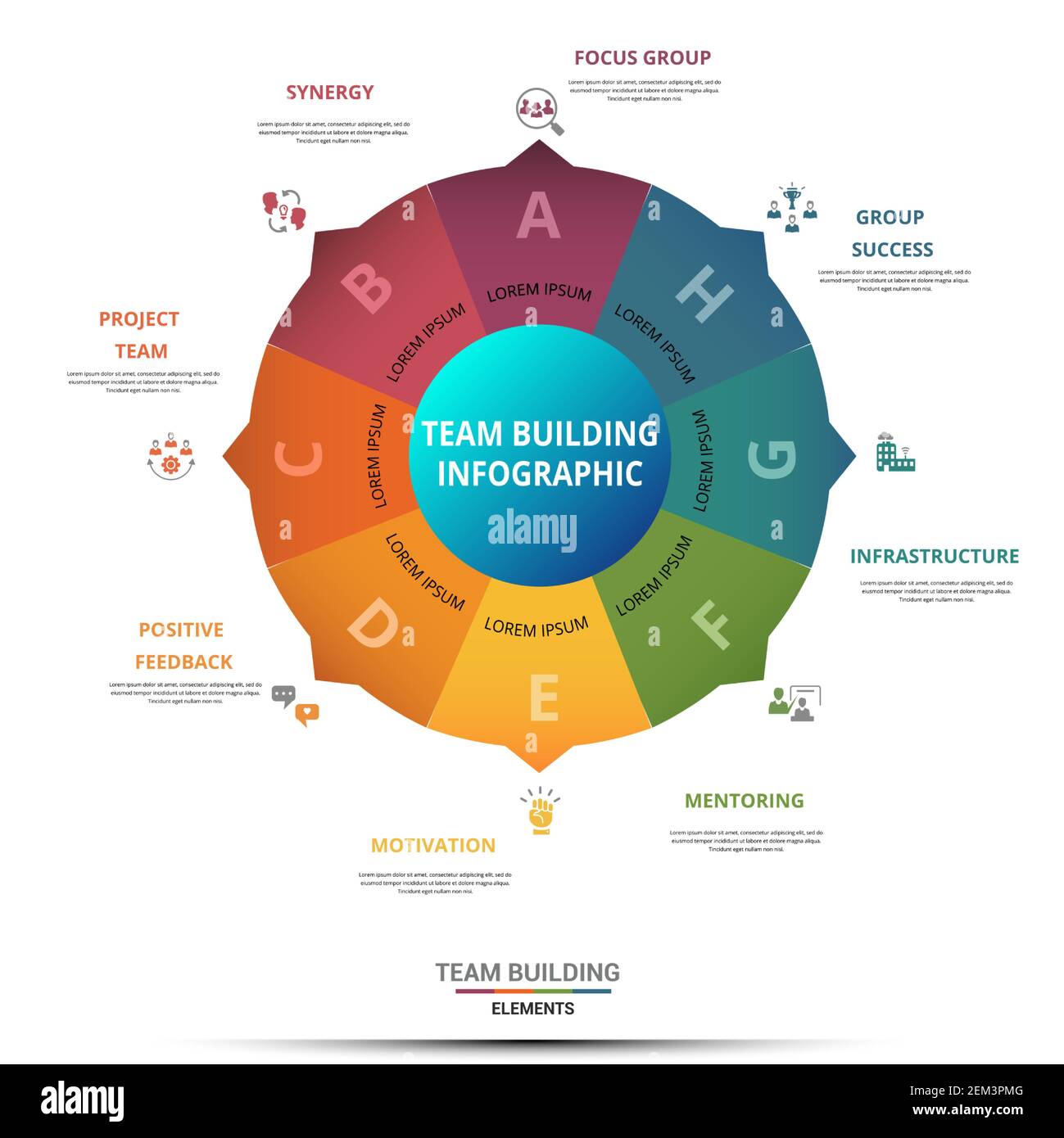 Infographic Team Building template. Icons in different colors. Include ...