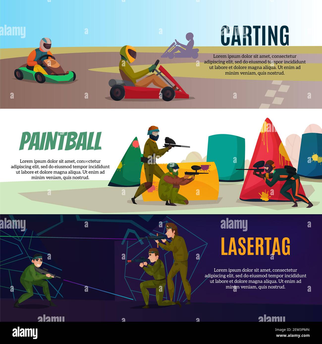 Modern gaming sports horizontal banners set with paintball symbols flat ...