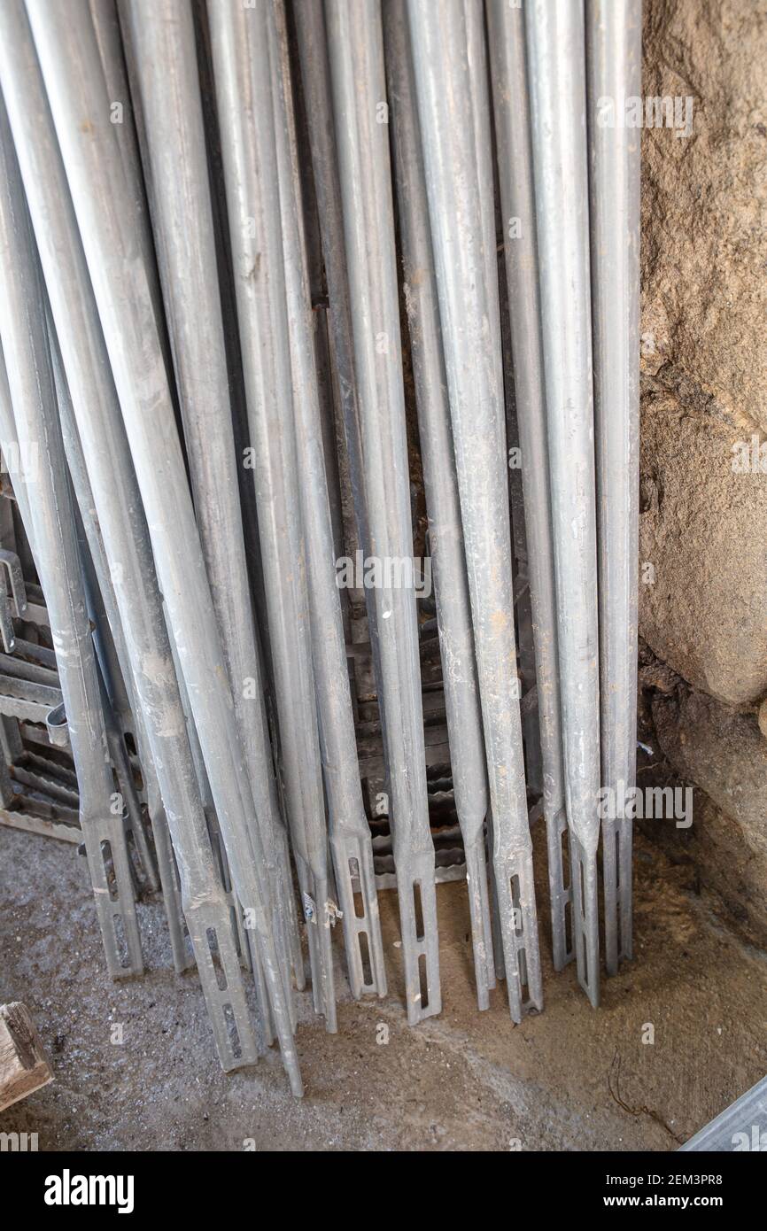 Metallic scaffold bar on construction site. Construction background ...
