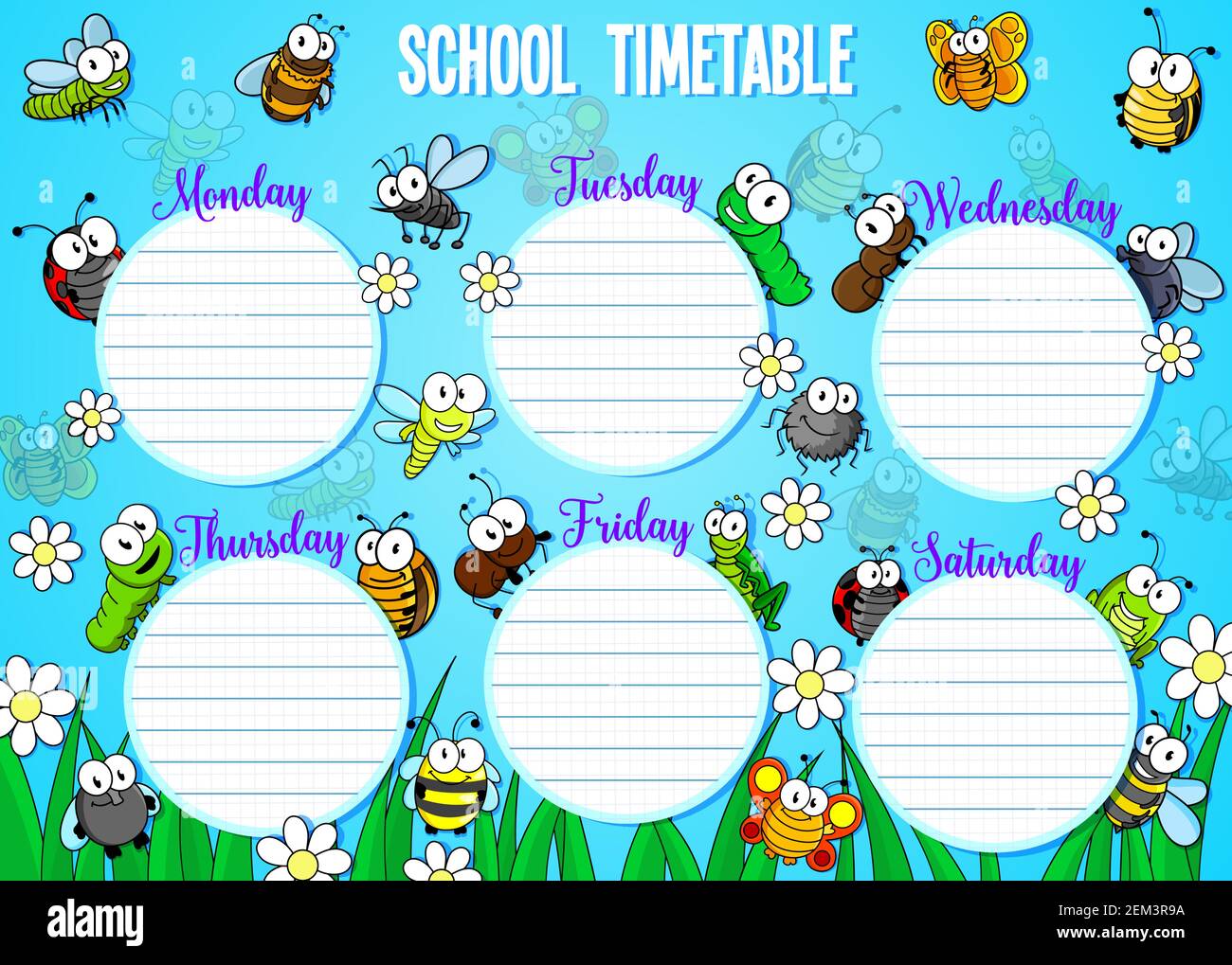 Weekly calendar with days and cartoon funny bugs. Vector school ...