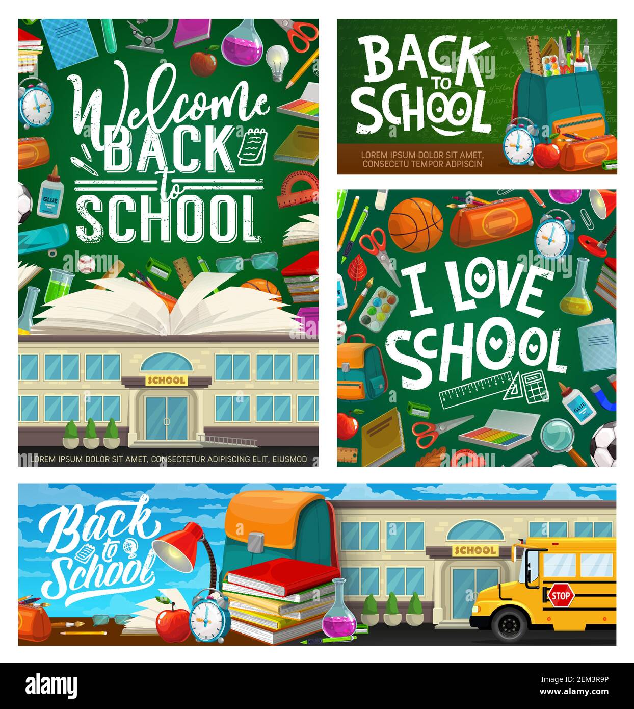 Welcome back to school, building, bus and stationery. Vector stacks of ...