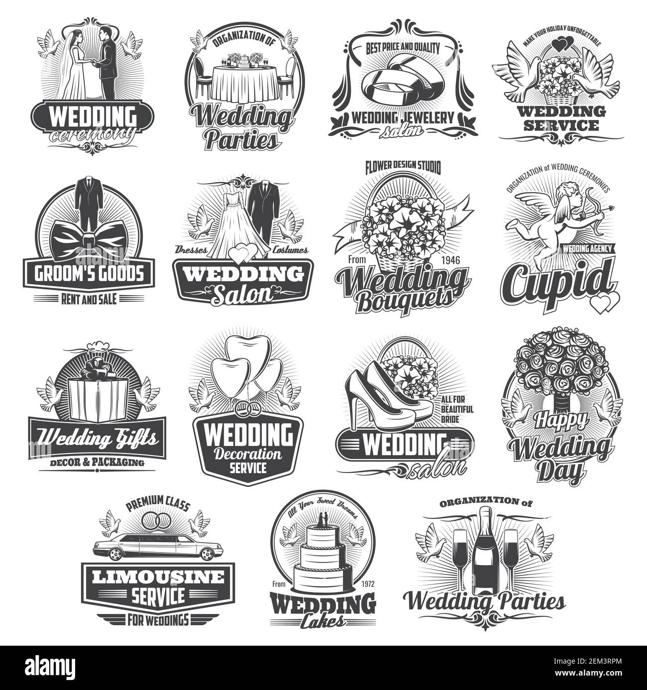 Wedding ceremony service isolated icons, vector. Arrangement of ...