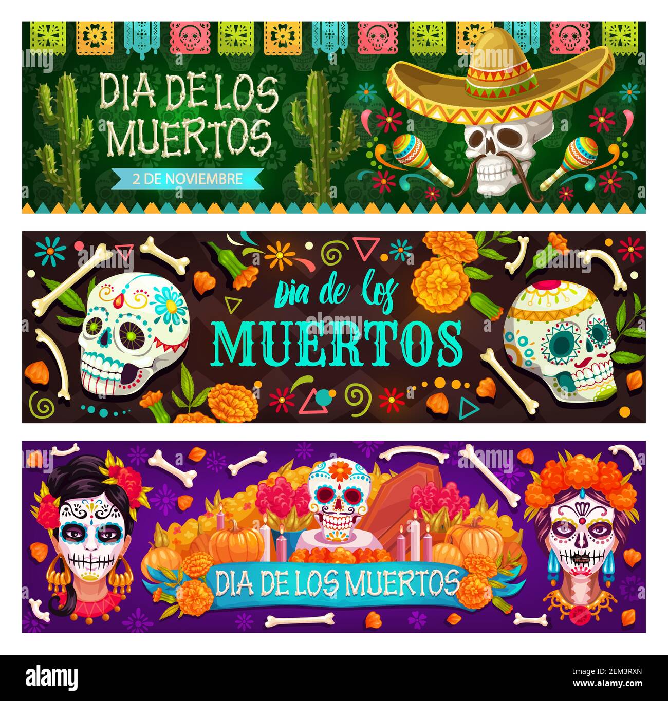 Day of Dead Mexican holiday, Dia de los Muertos party banners and flags ...
