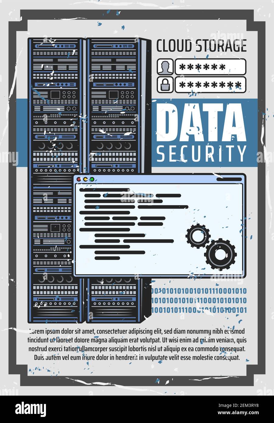 Data security and cloud storage, server login and password info. Vector ...