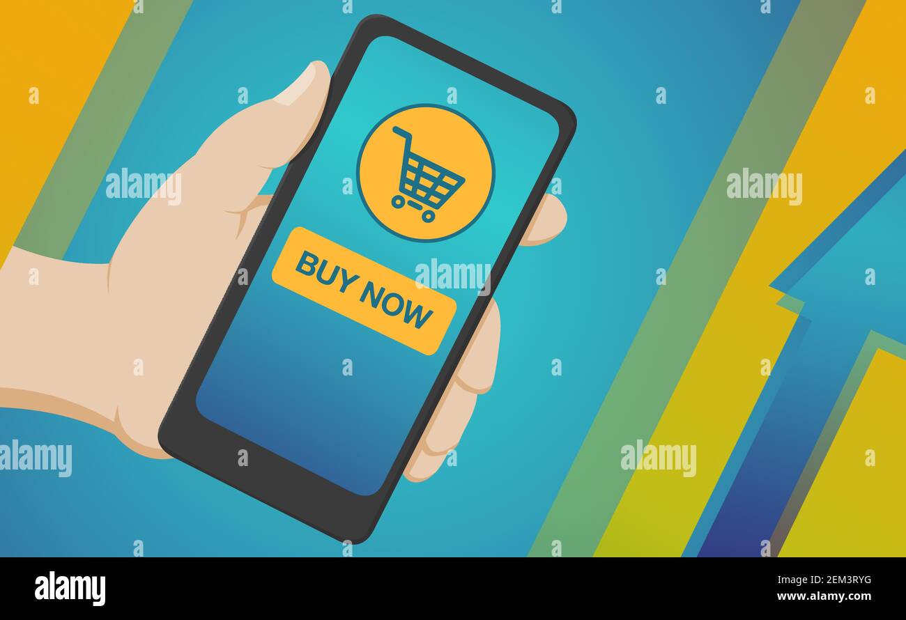 Mobile phone with buy now button for online shopping with blue and ...