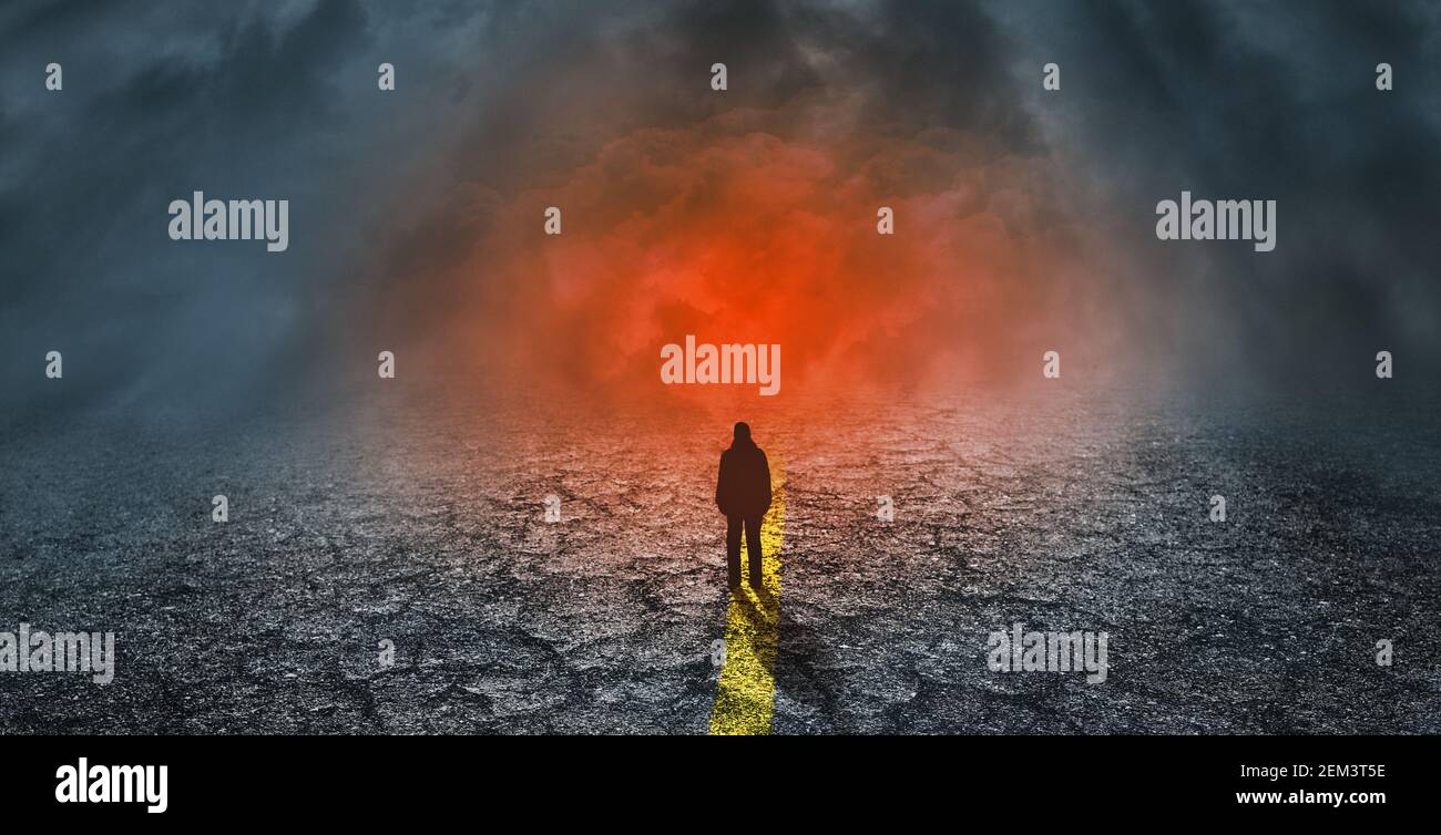 silhouette of a man on the road, concept of uncertainty and obscurity ...