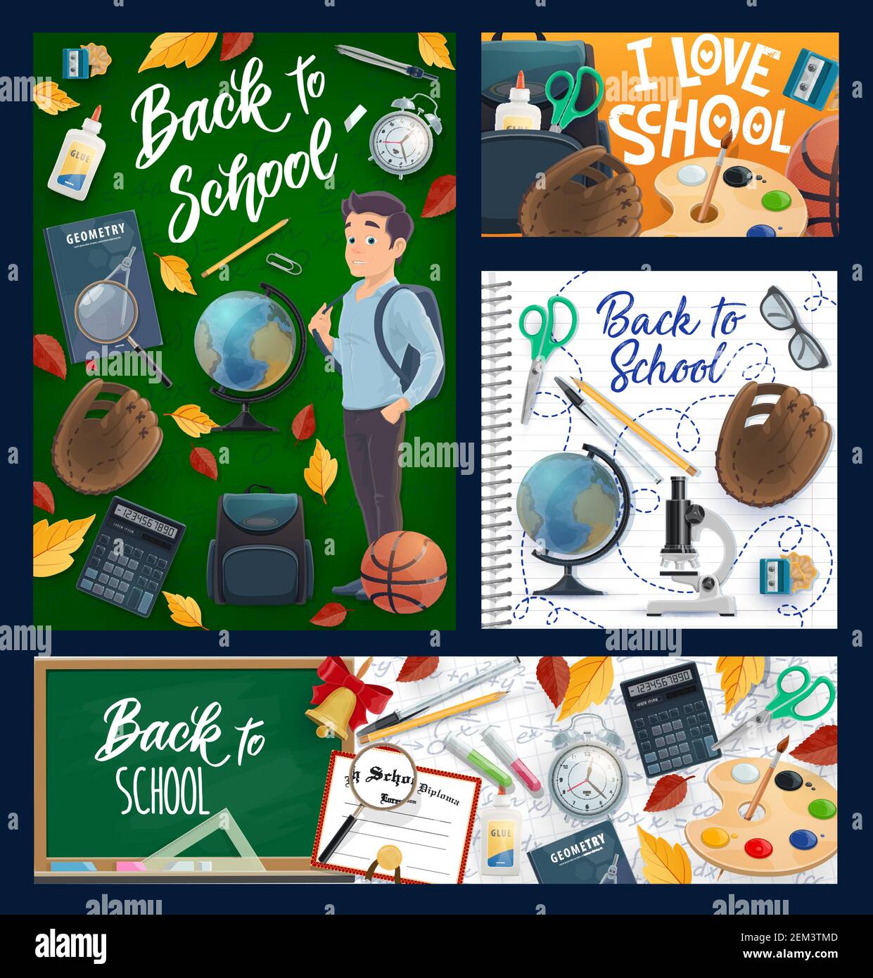 Back to School, education posters and banners with green chalkboard ...