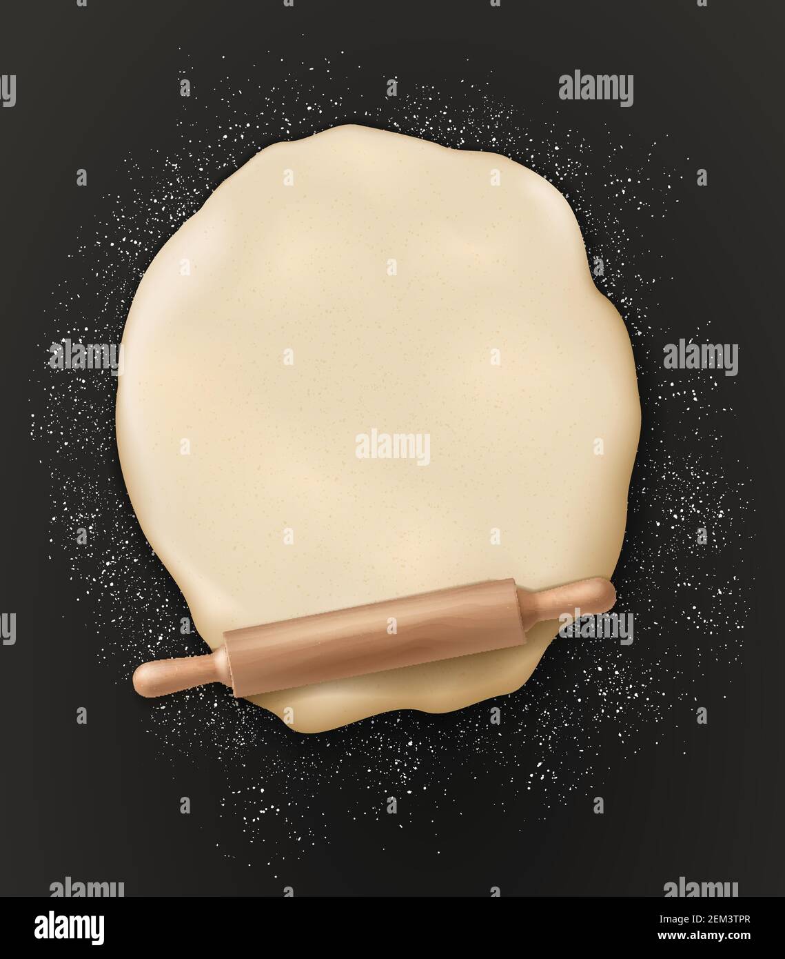 Dough, rolling pin and flour on table, 3d realistic top view. Vector ...