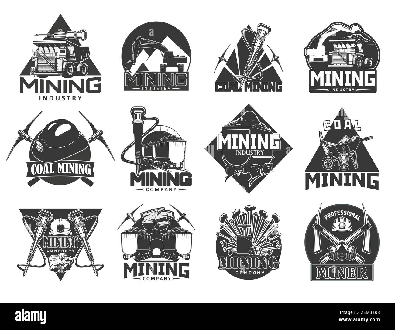 Coal Mining Industry Isolated Vector Monochrome Icons Miners Equipment Coal Extraction Work