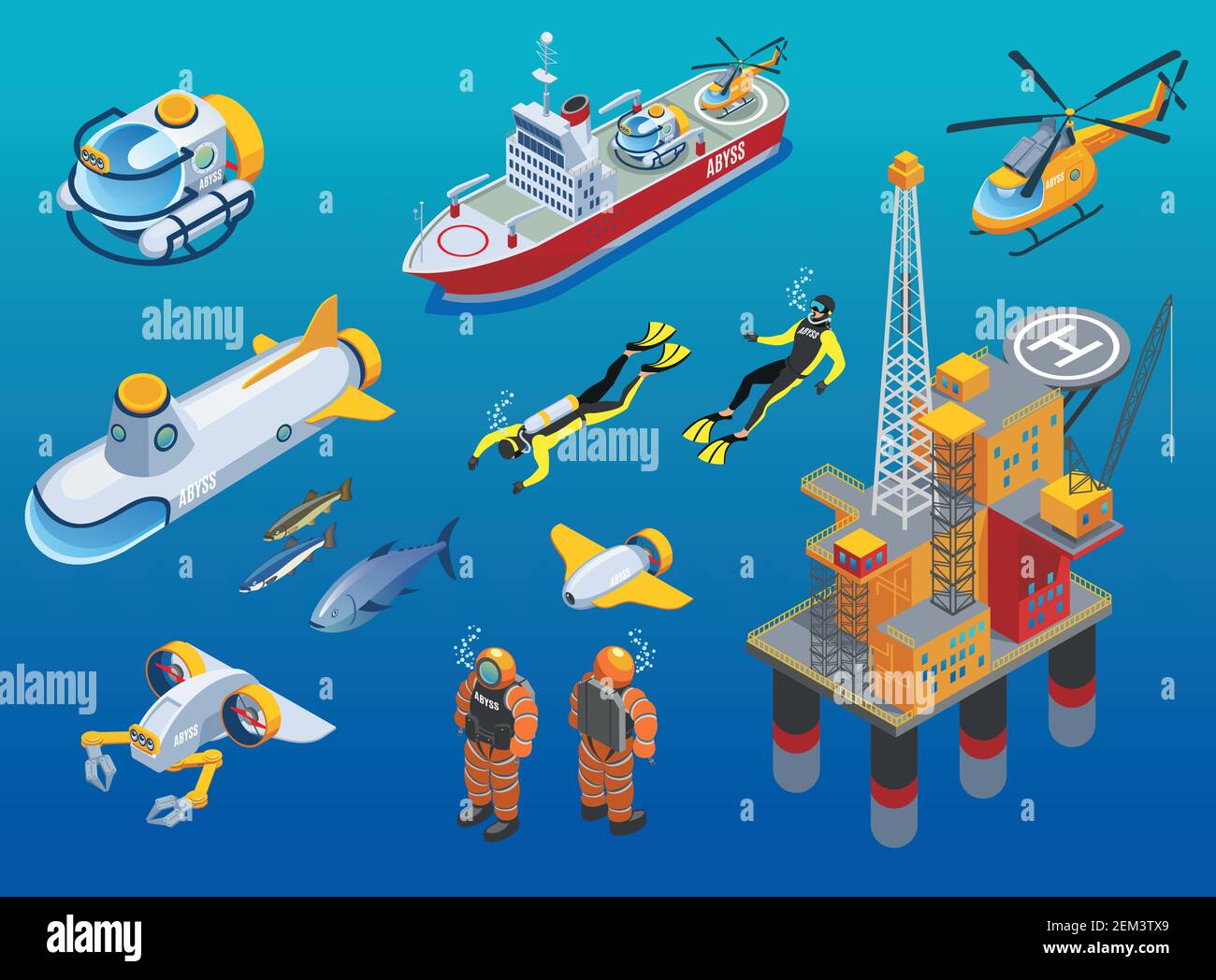 Underwater depths research isometric icons with scientific station ...