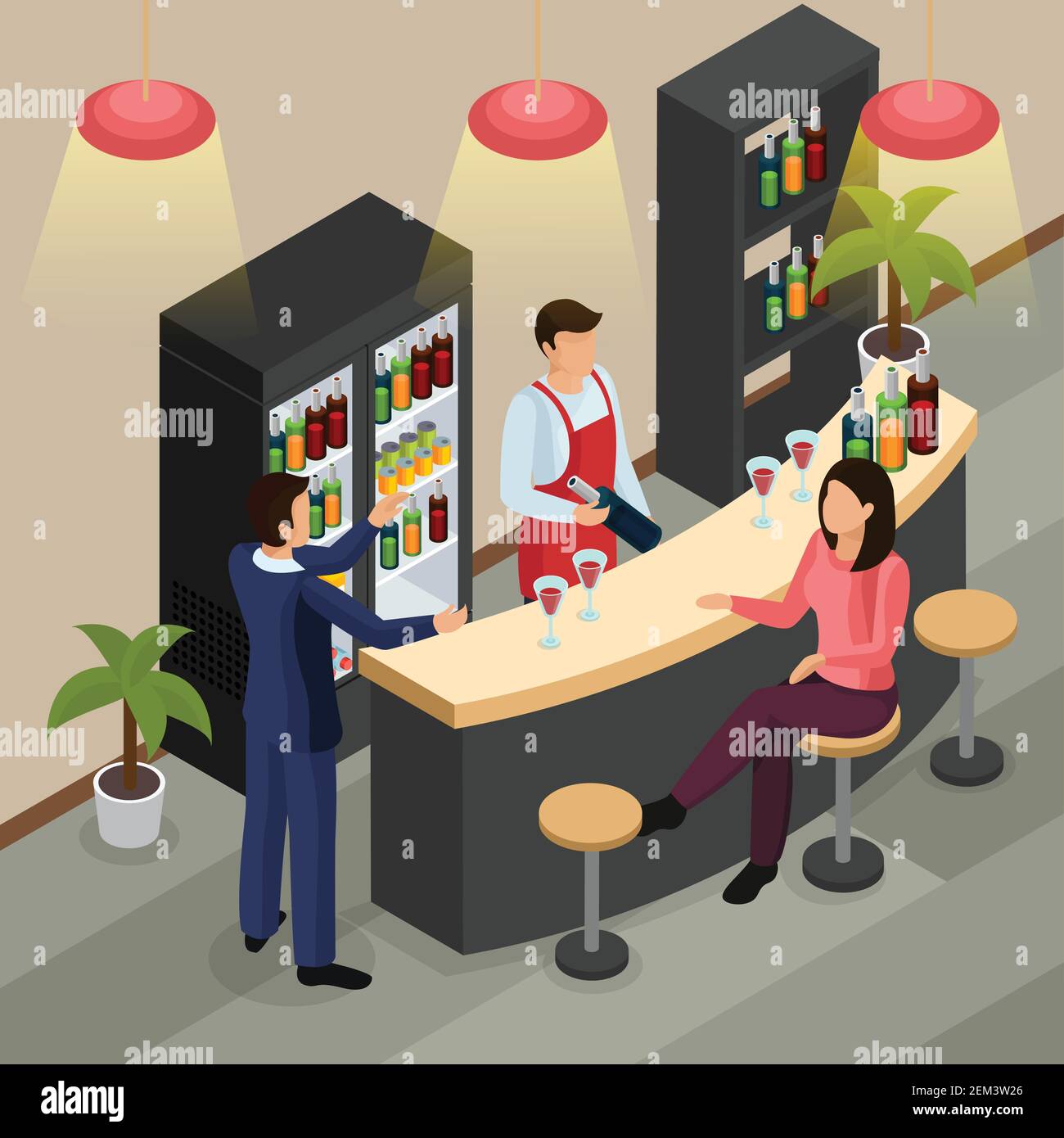 Bar restaurant isometric background, bartender with wine bottle ...