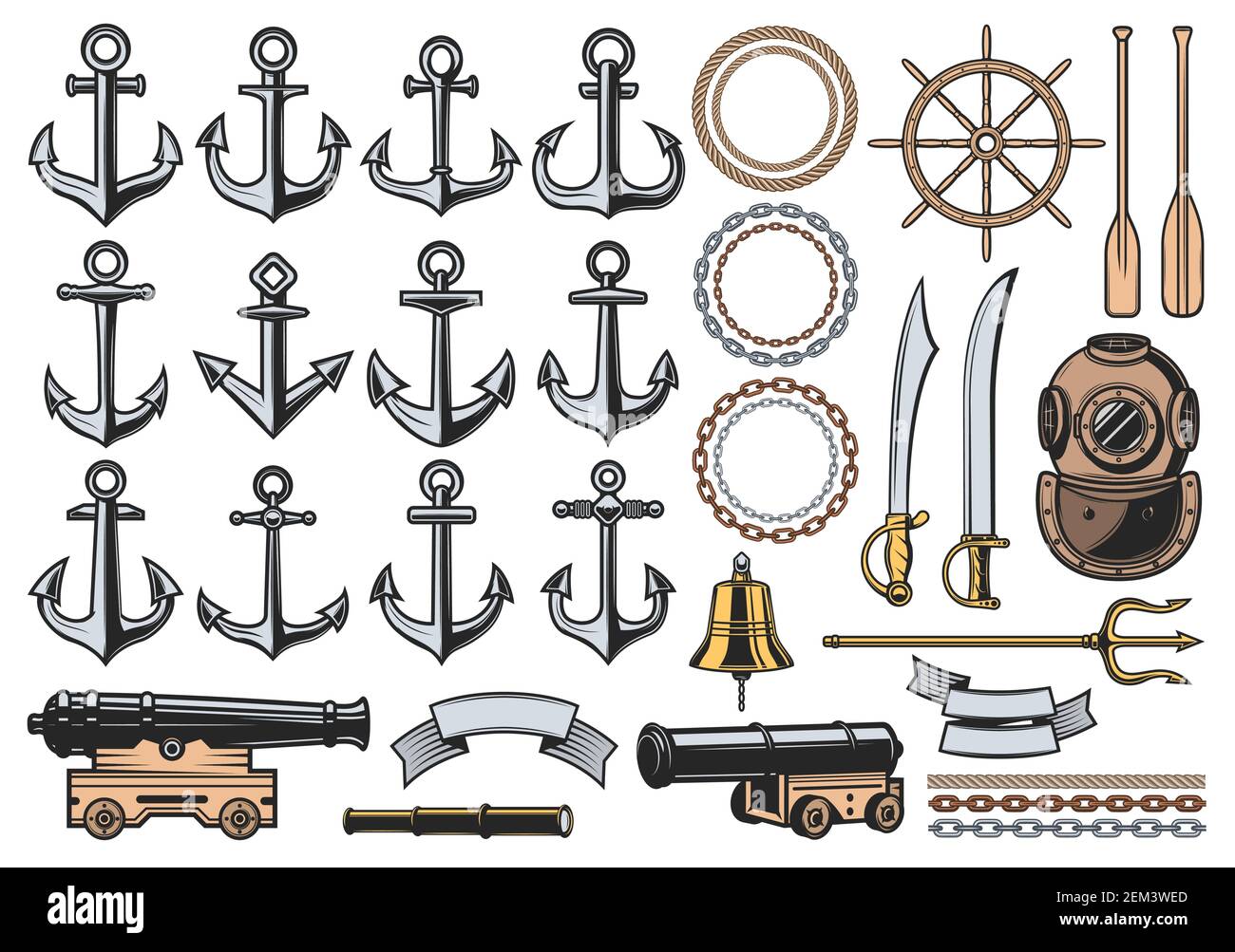 Nautical icons with vector sea ship anchors, ropes and chains, sail ...
