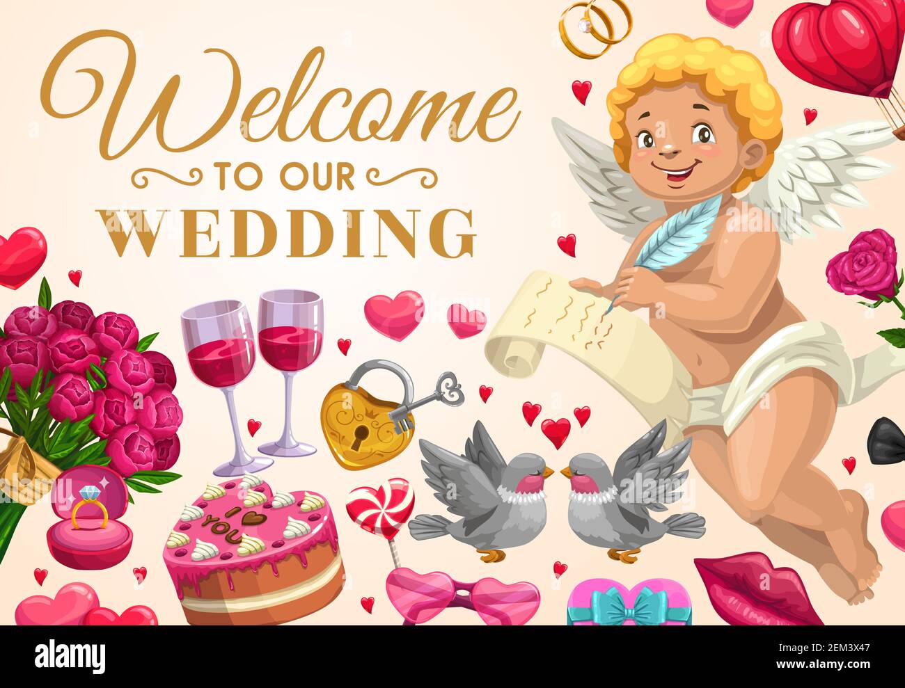 Wedding invitation, heart balloons and cupid angle with love message ...