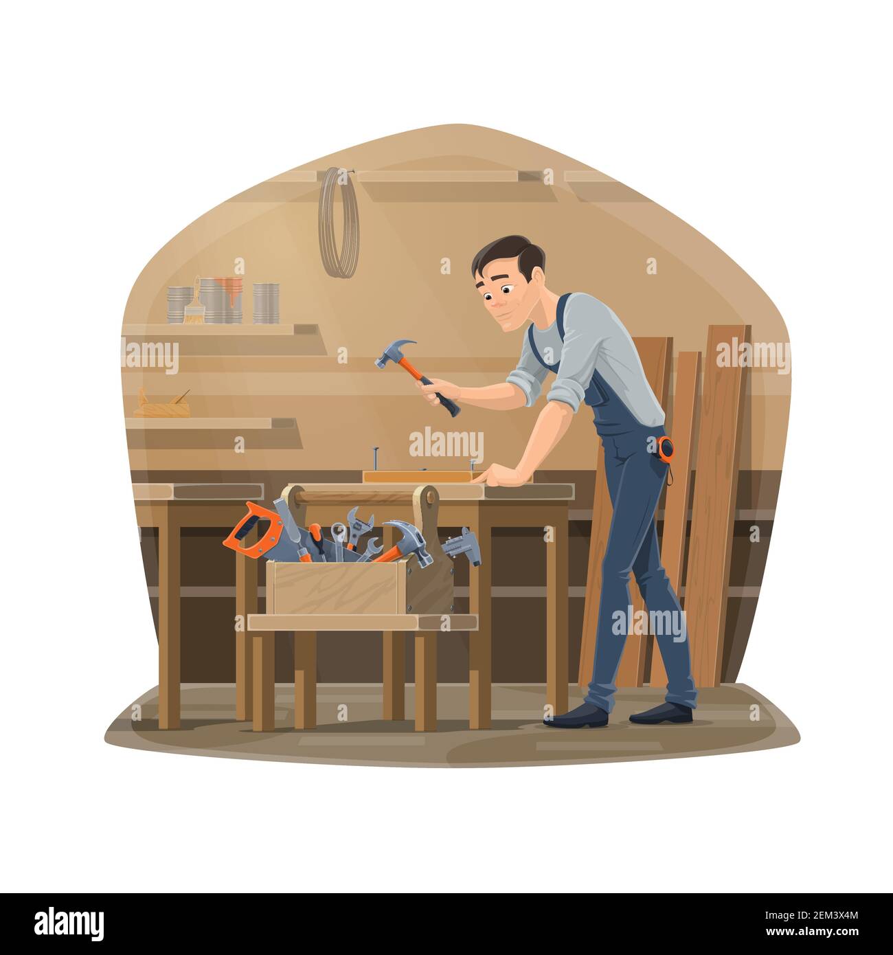 Carpenter man at workshop, carpentry woodwork and furniture making ...