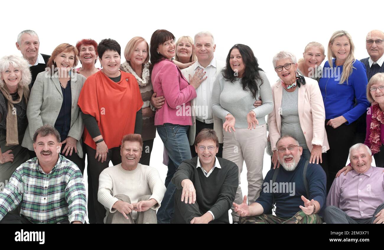 Group of happy elderly people standing and sitting isolated over a ...