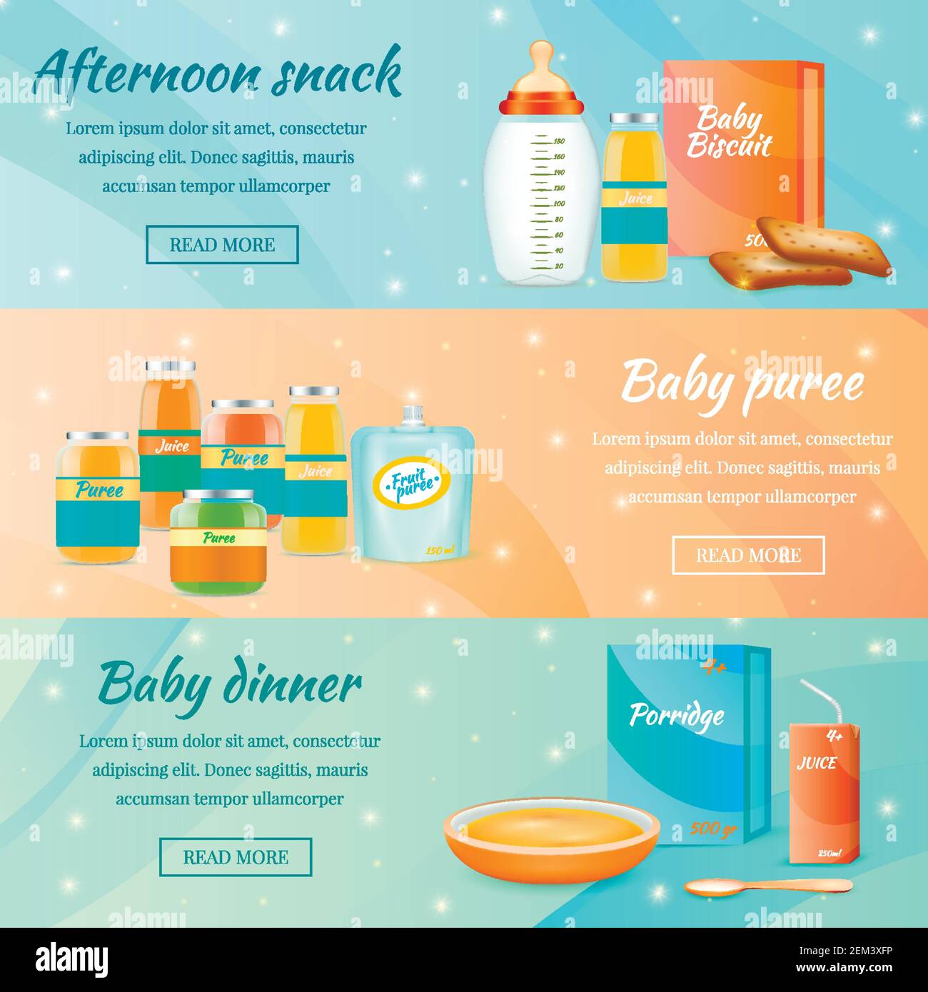 Baby food banners realistic 3d collection with read more button text ...