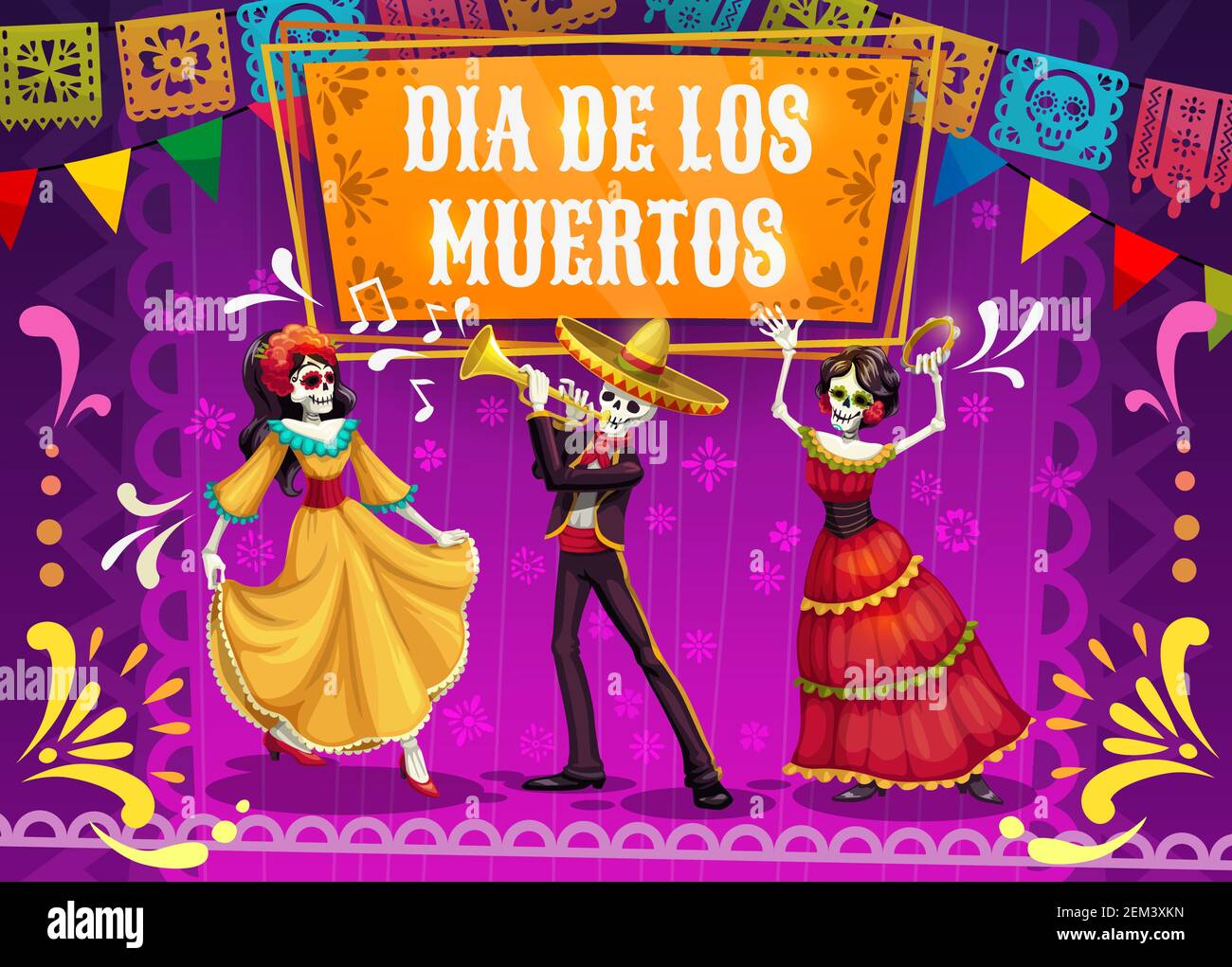 Dia de los Muertos skeletons and Catrina dancing on mexican holiday ...