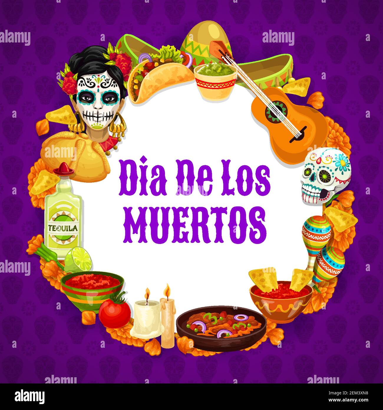 Dia de los muertos signs in round frame, Day of dead mexican holiday ...