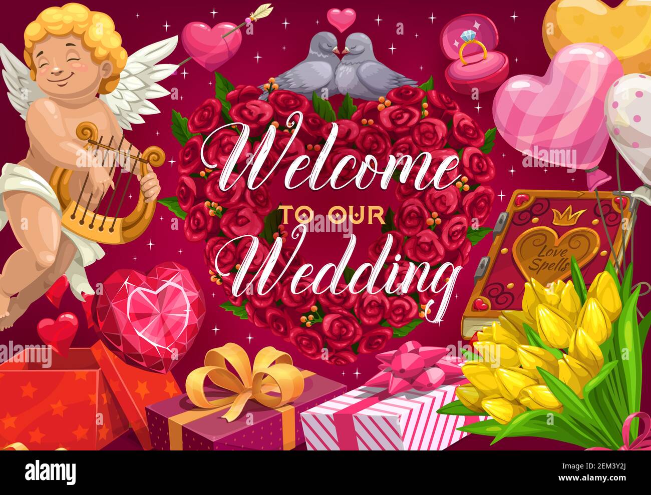 Invitation on wedding with heart shaped flower wreath and cupid. Vector ...