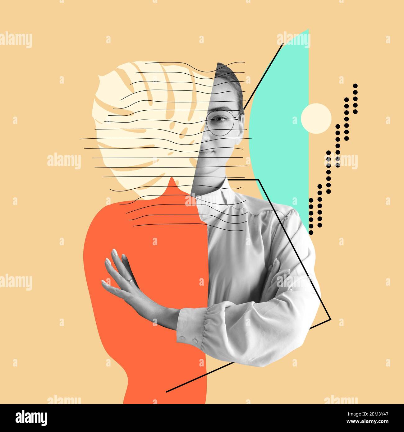 Contemporary art collage. Line art. Beautiful young girl looking at ...