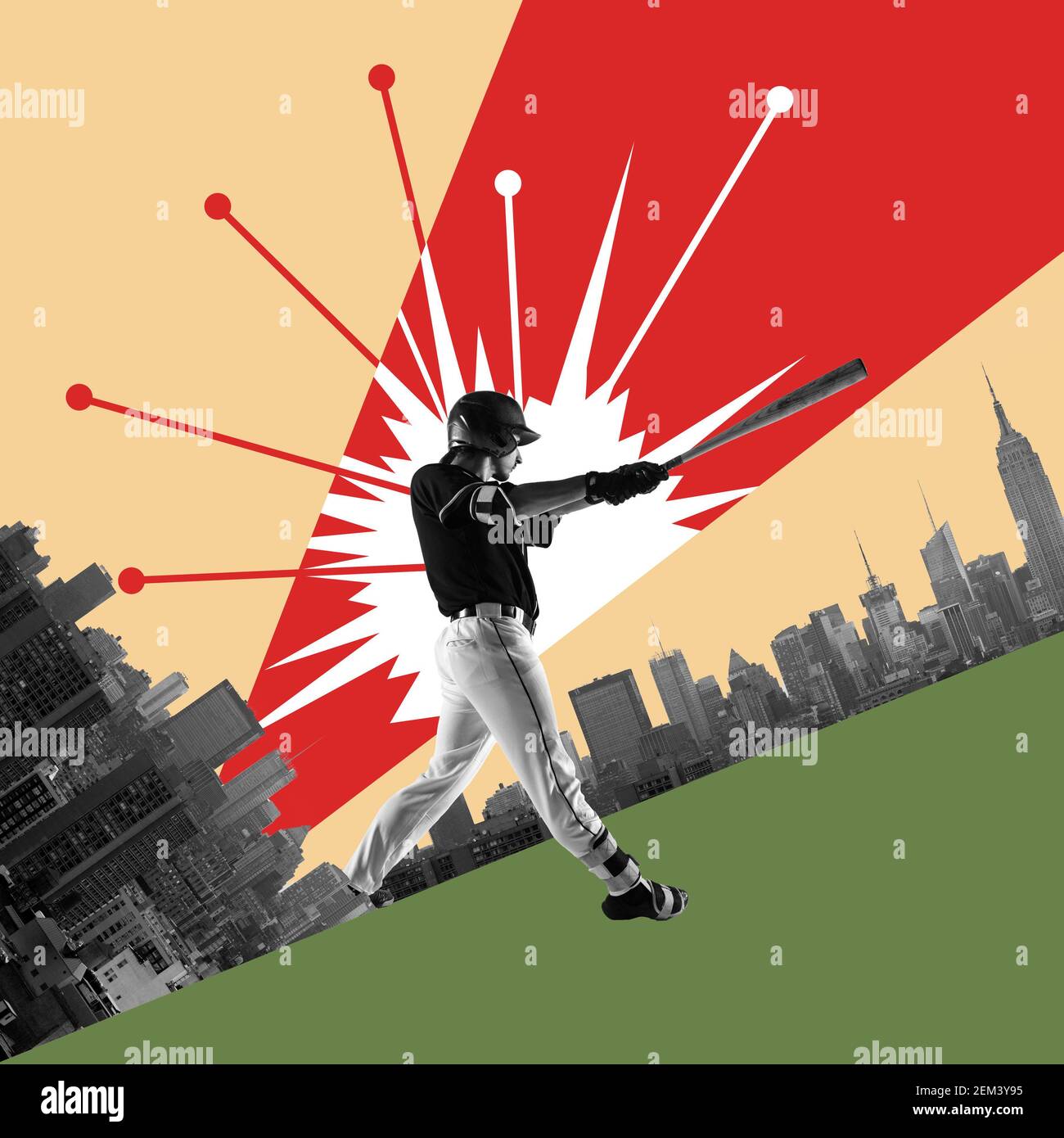 Contemporary art collage. Young man american baseball player playing ...