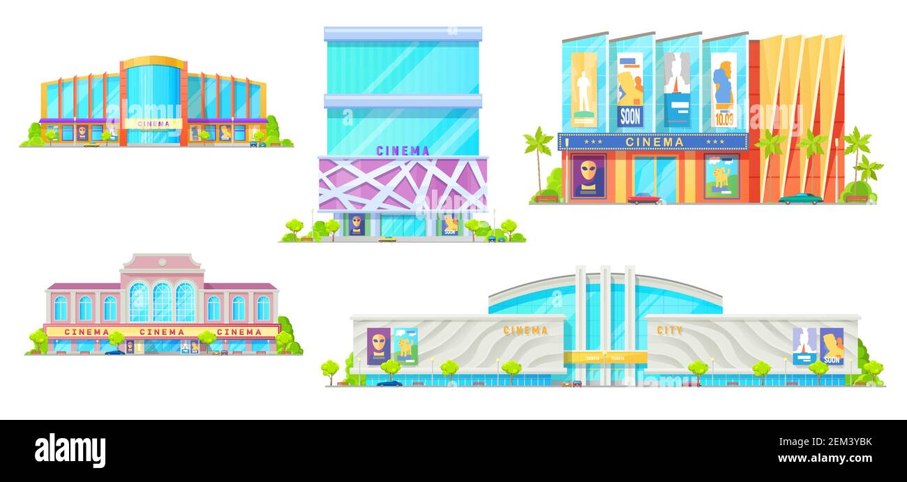 Cinema buildings isolated facade exteriors. Vector modern movie theater ...