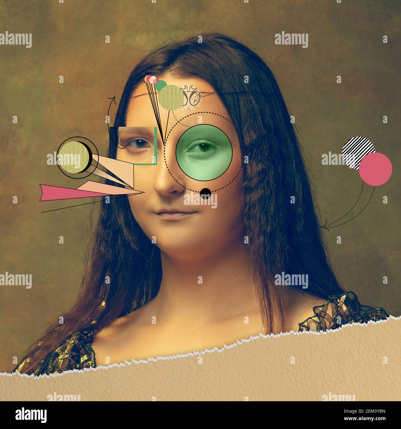 Young woman as Mona Lisa replica isolated on dark green background ...