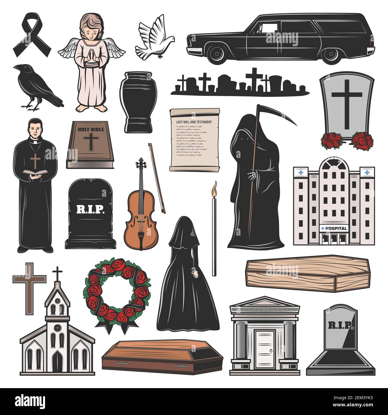 Funeral vector icons of coffin, death and candle, grave, tombstone and ...