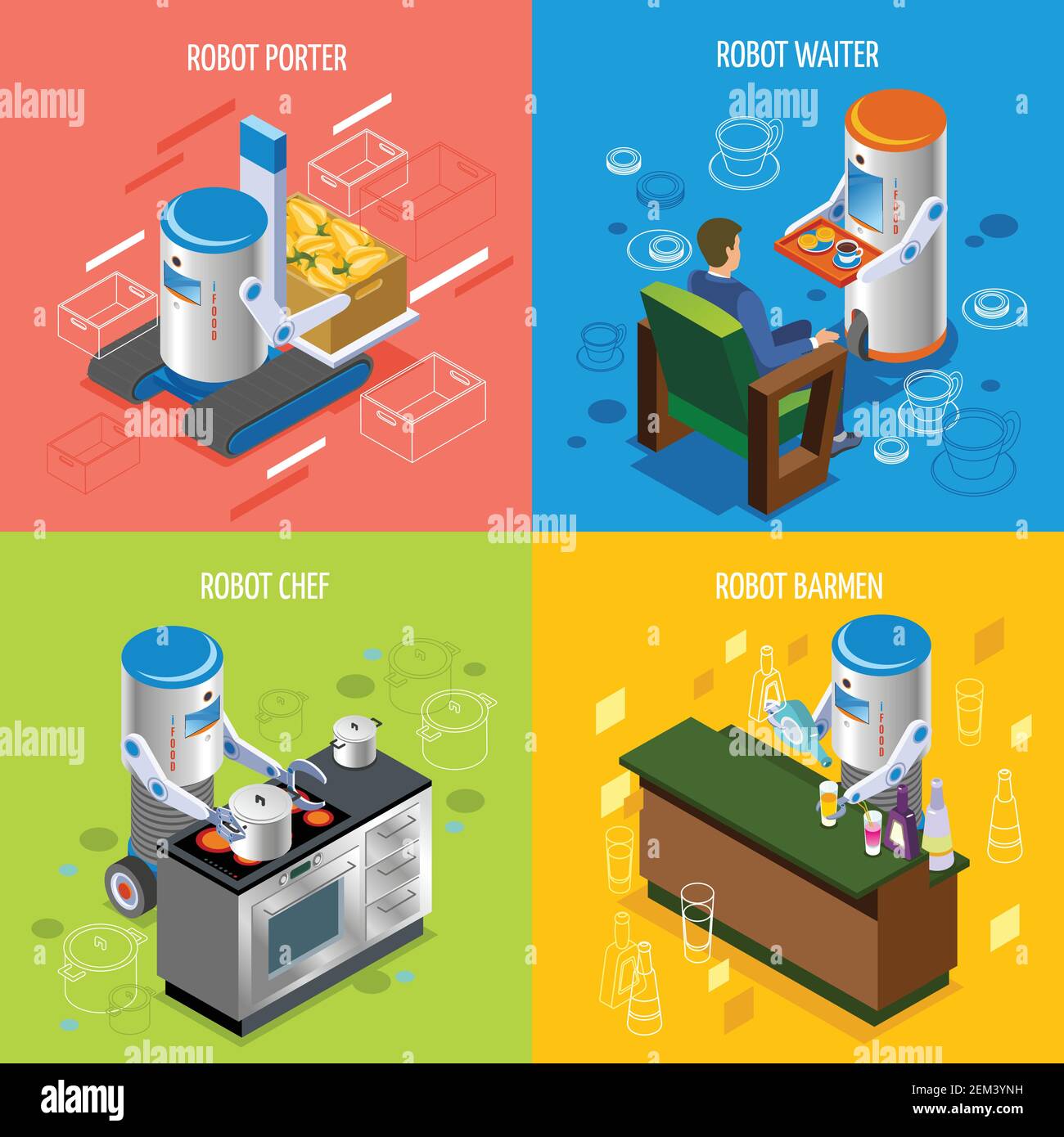 Isometric robotic restaurant icon set with robot porter waiter chef and ...