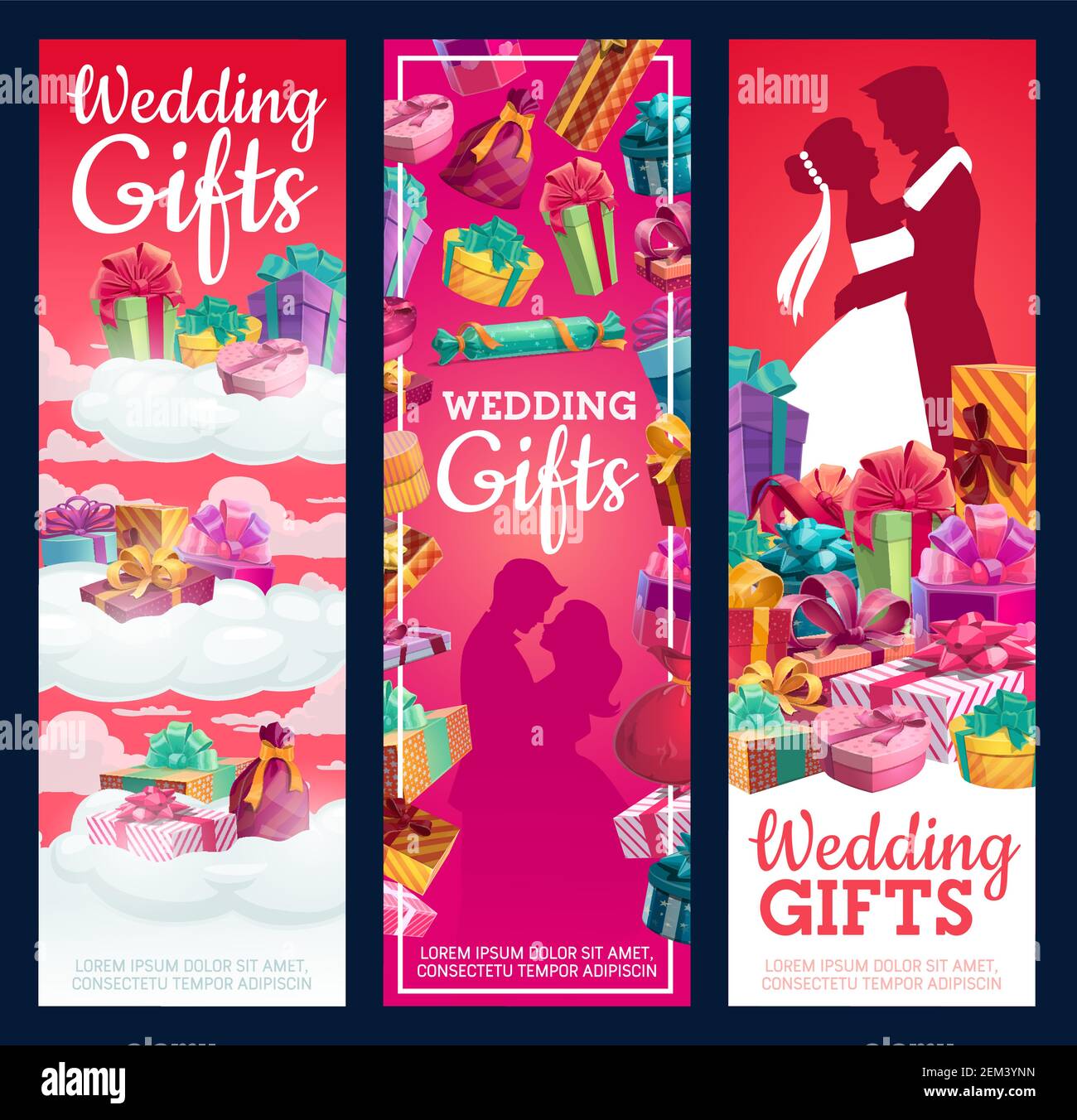 Wedding gifts, presents on marriage day wrapped in decorative paper ...