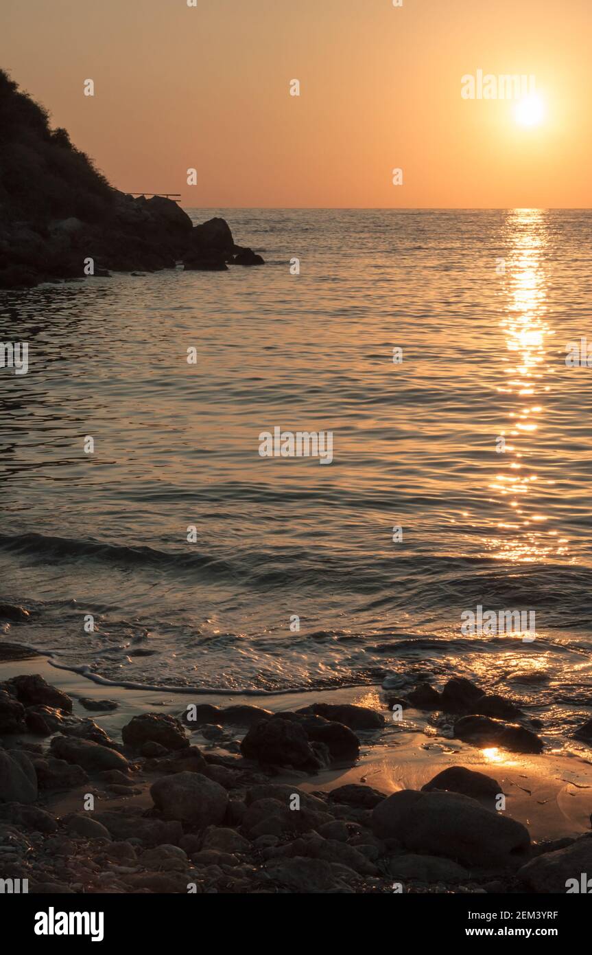 Beautiful scenery of orange color sunset over the sea in Cyprus ...