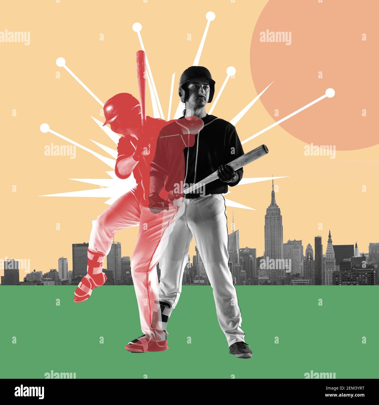 Contemporary art collage. Young man american baseball player playing ...