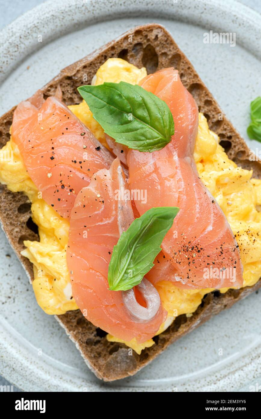 Smoked salmon and scrambled egg toast, top view Stock Photo - Alamy