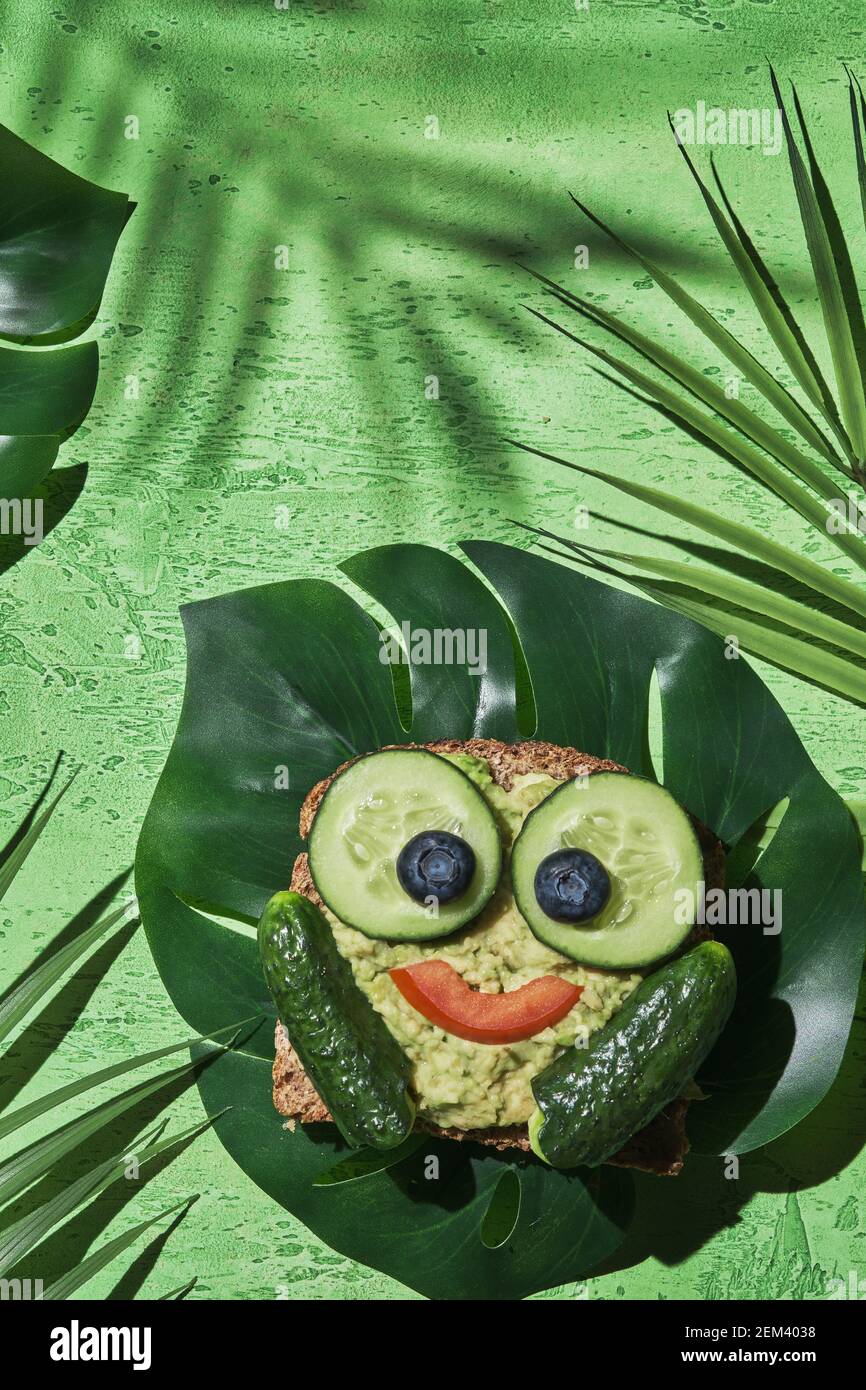 Funny Frog Toast With Cucumber And Mashed Avocado Stock Photo - Alamy