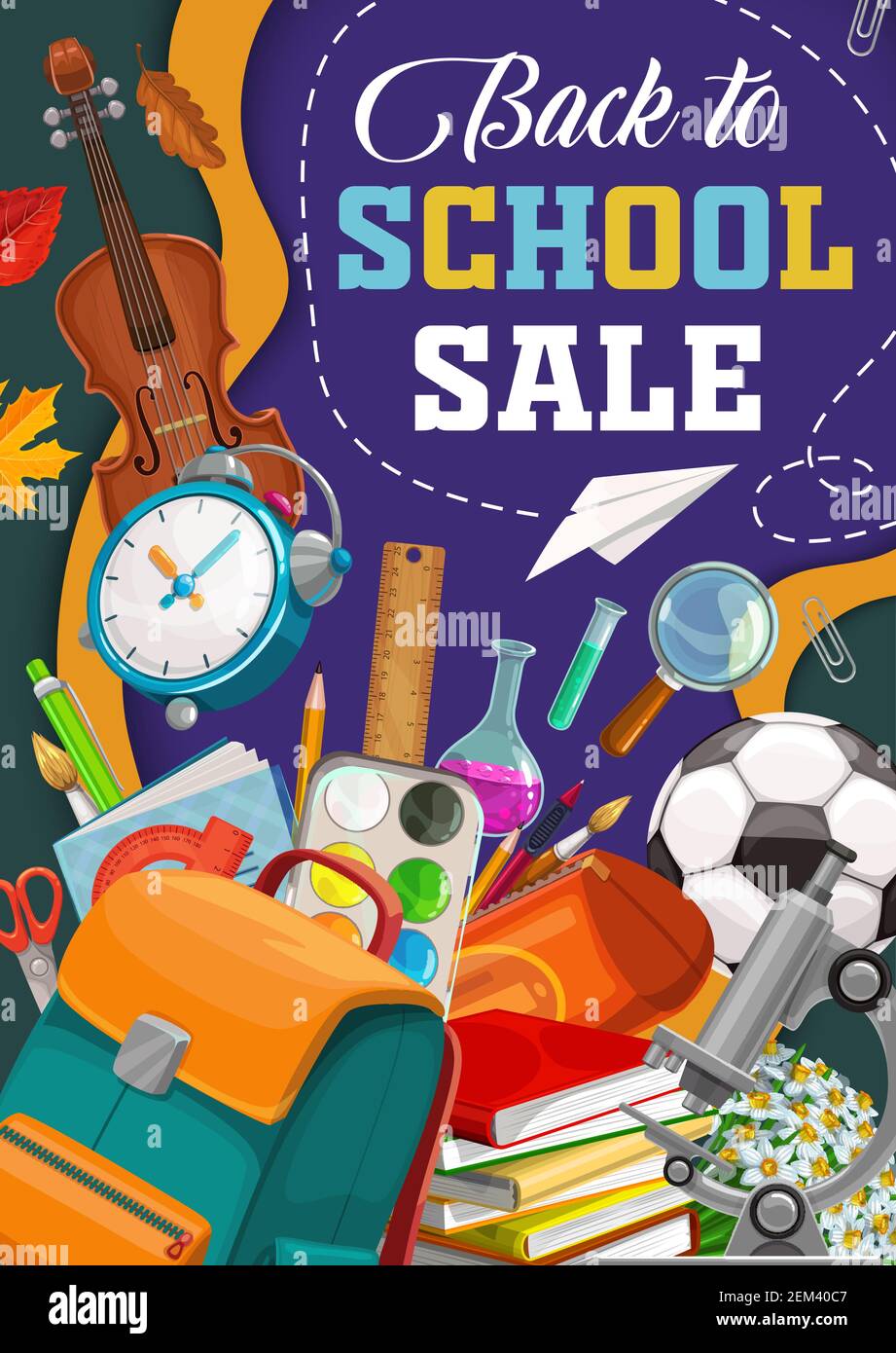 School sale poster, student education supplies, classes books, pens and ...