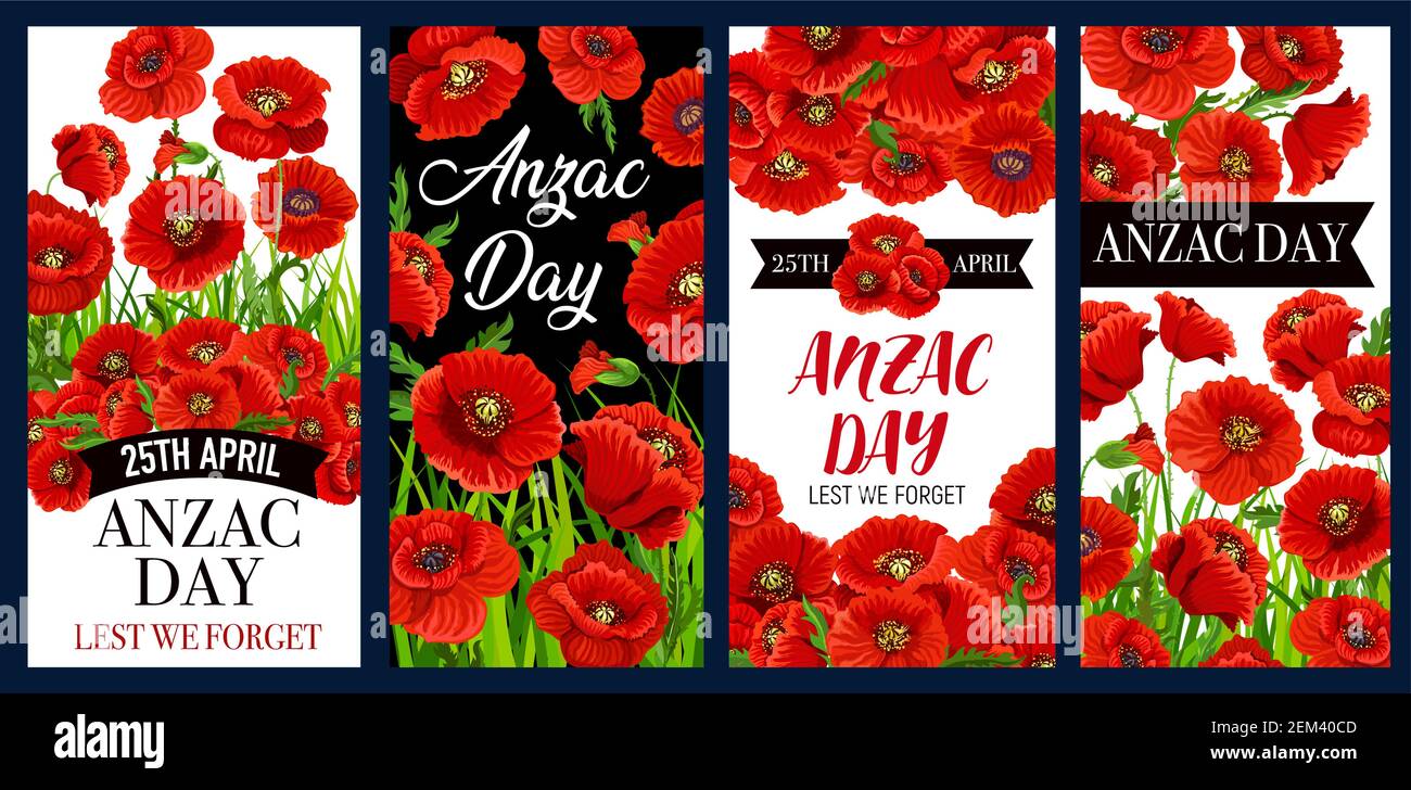Anzac Remembrance Day poppy flower vector banners, commemorate ...