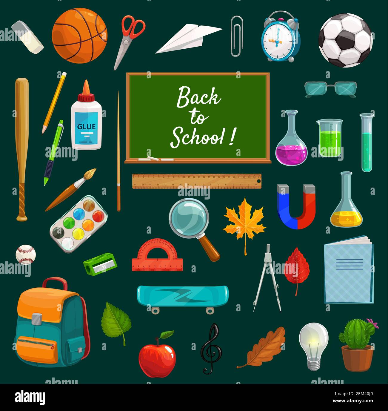 Stationary studying items and back to school lettering on blackboard ...