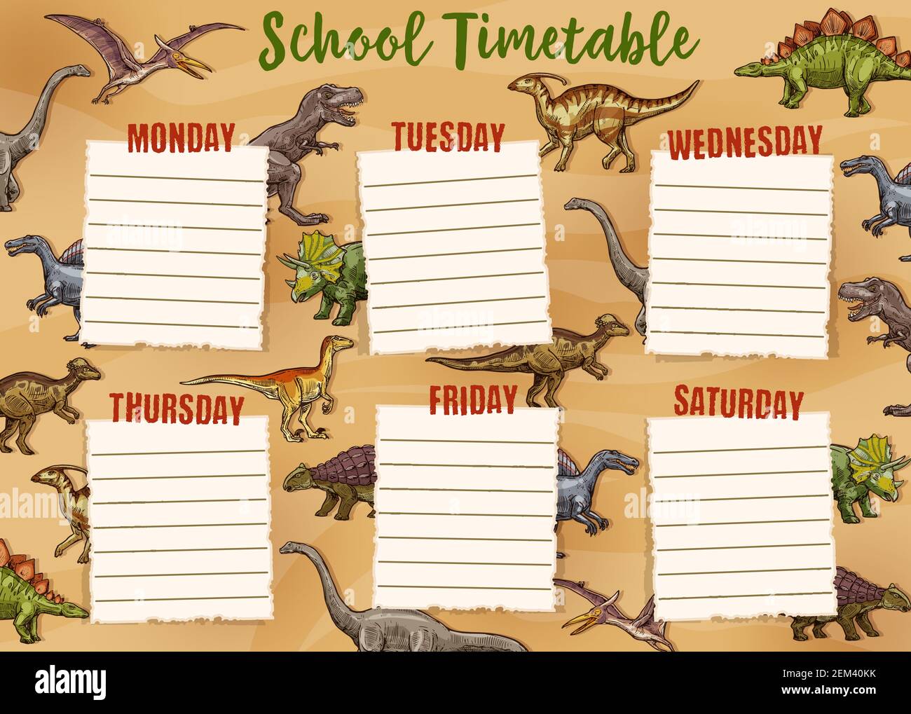 School timetable with dinosaurs and week days. Vector schedule of ...