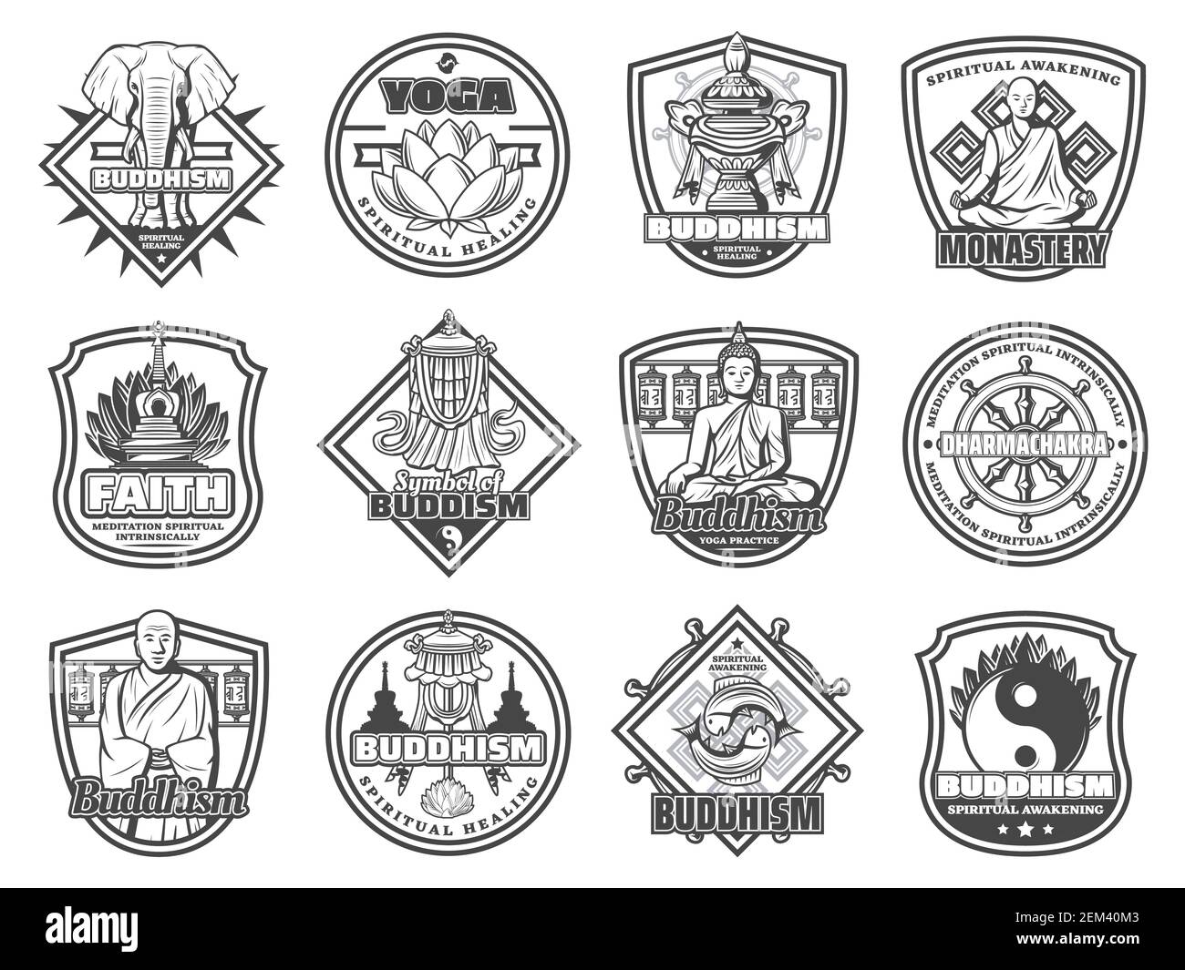 Buddhism religion vector symbols and icons. Buddha statue, yin yang and ...