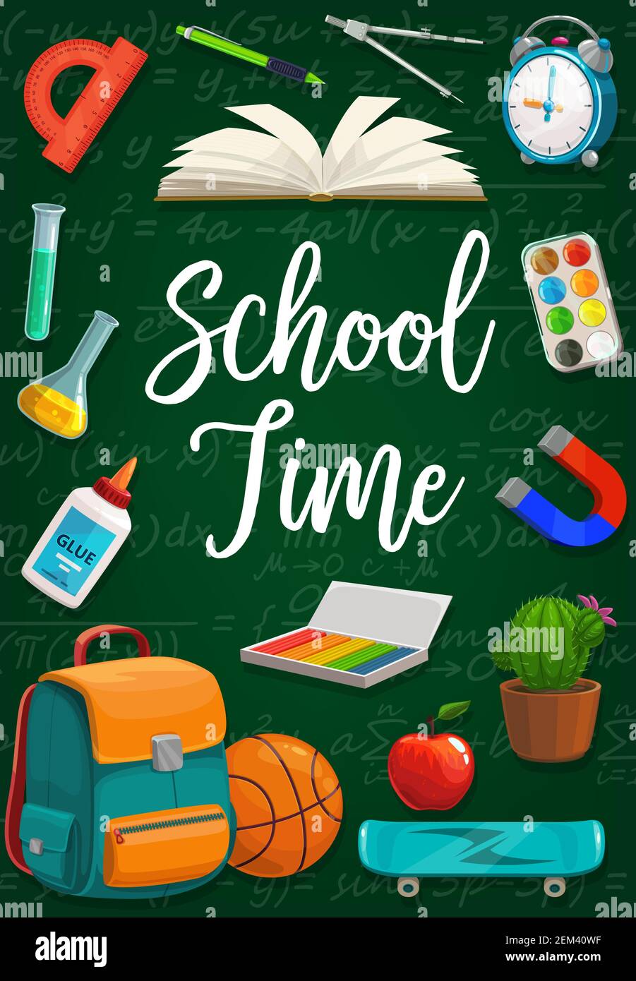 School time inscription on chalkboard with equations, stationery frame ...