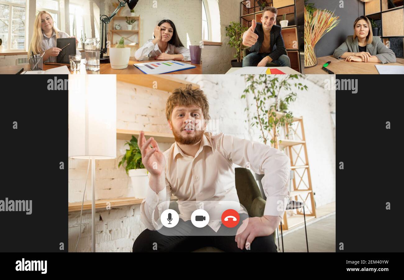 Team working by group video call share ideas brainstorming use video ...