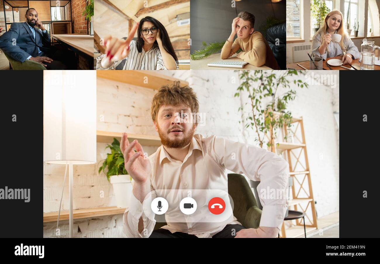 Team working by group video call share ideas brainstorming use video ...
