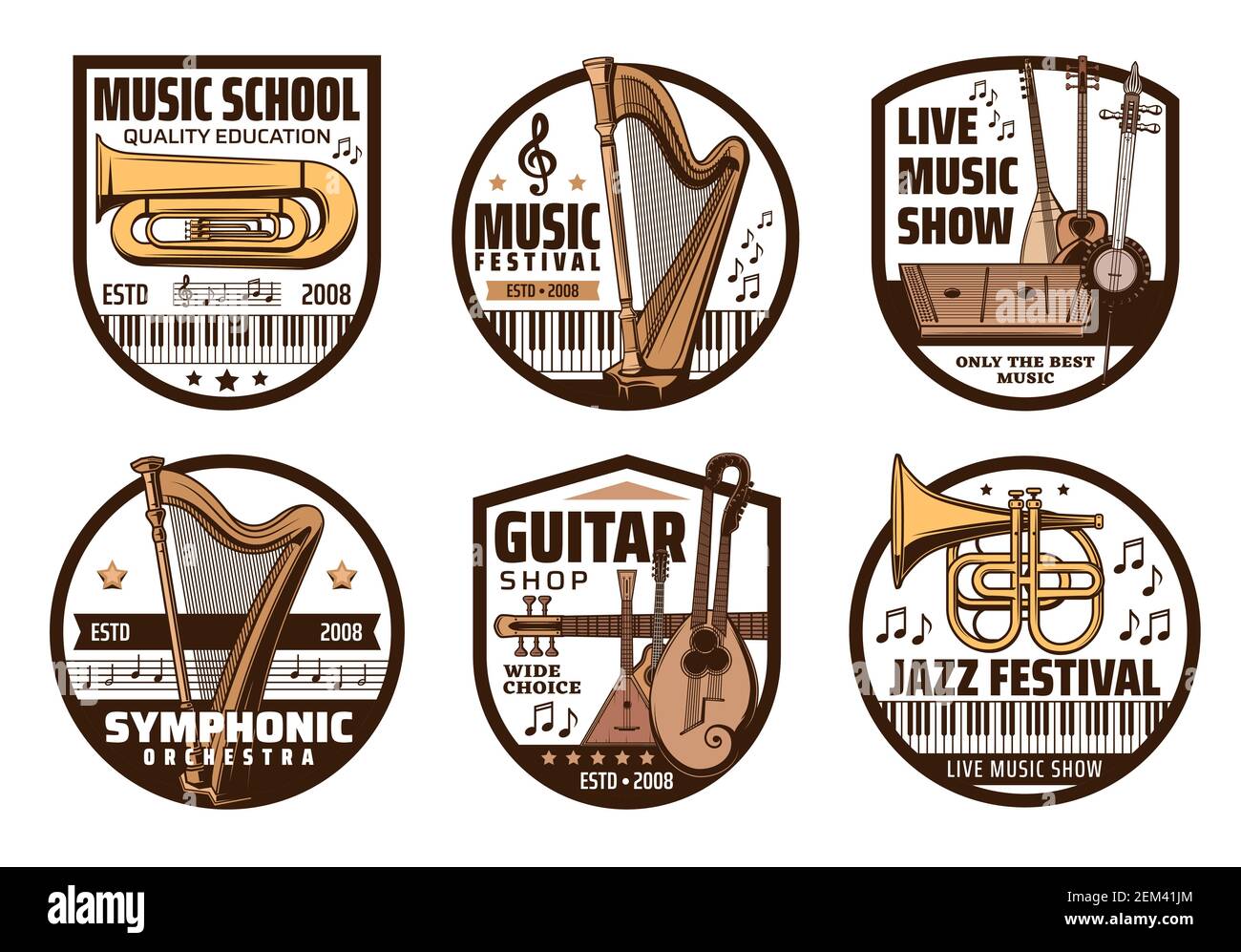 Music instrument, musical note and treble clef vector badges. Classical ...