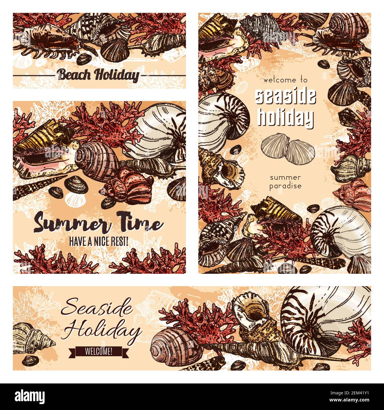 Seashells of sea mollusk with corals vector frame of sketched shells of ...