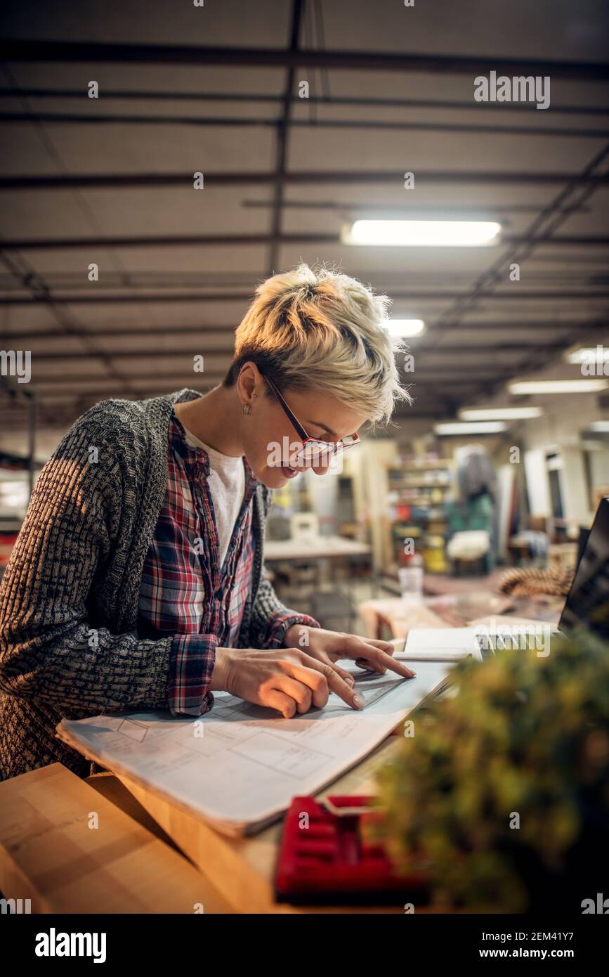 Close up view of charming smiling motivated short hair attractive ...