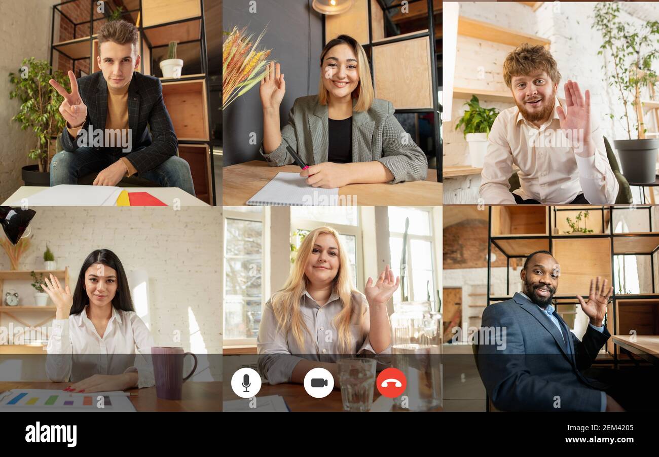 Team working by group video call share ideas brainstorming use video ...