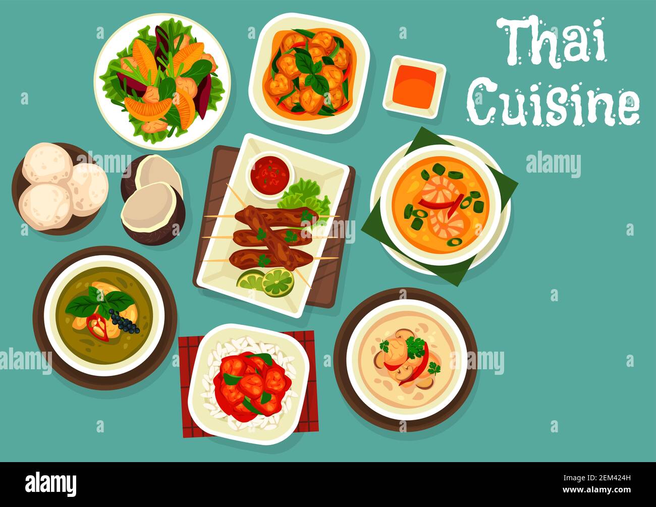 Thai food dishes vector design of seafood, meat and vegetables. Soups ...