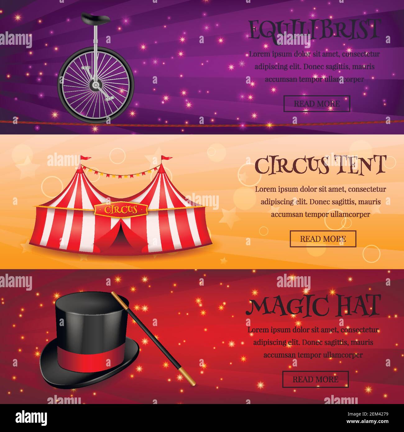 Set of three horizontal circus banners with realistic 3d images of ...