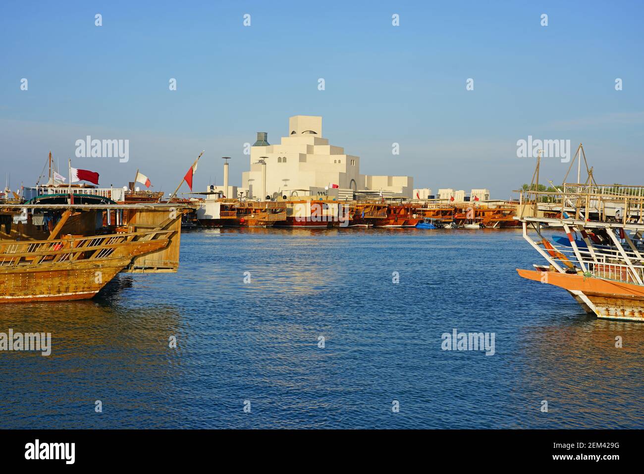 DOHA, QATAR -11 DEC 2019- View of traditional dhow wooden boats in ...